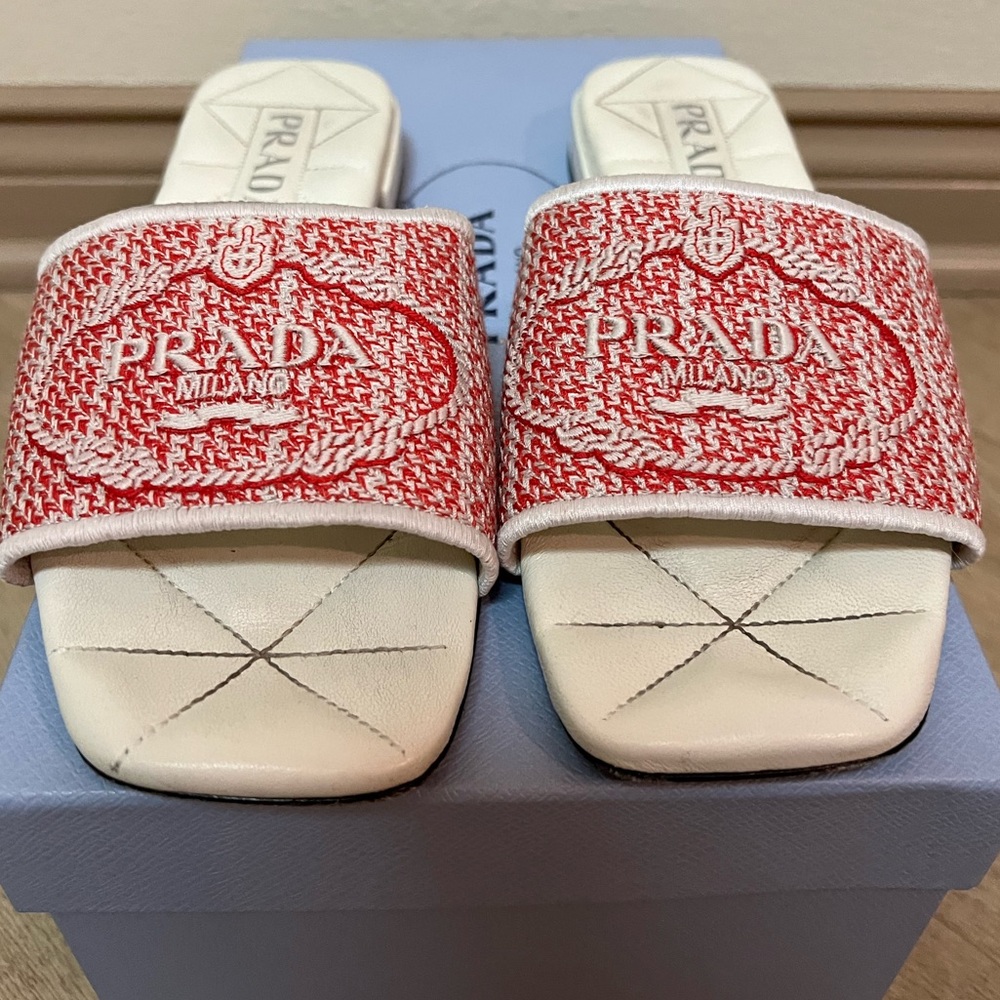 100% Authentic Prada Embroidered Fabric Slides - Gem